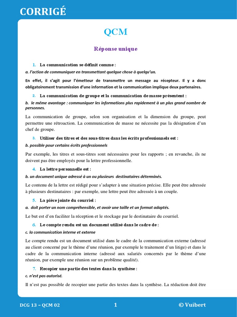 PDF dcg13 - Corrige QCM - 2 | PDF | la communication