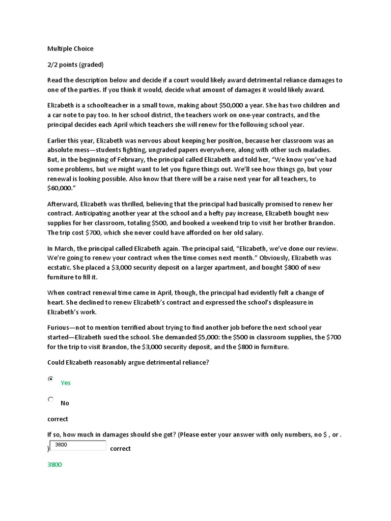 Homework 13 - Multiple Choice - Hoffman v. Red Owl | PDF | Teachers Homework 13 - Multiple Choice - Hoffman v. Red Owl | PDF | Teachers