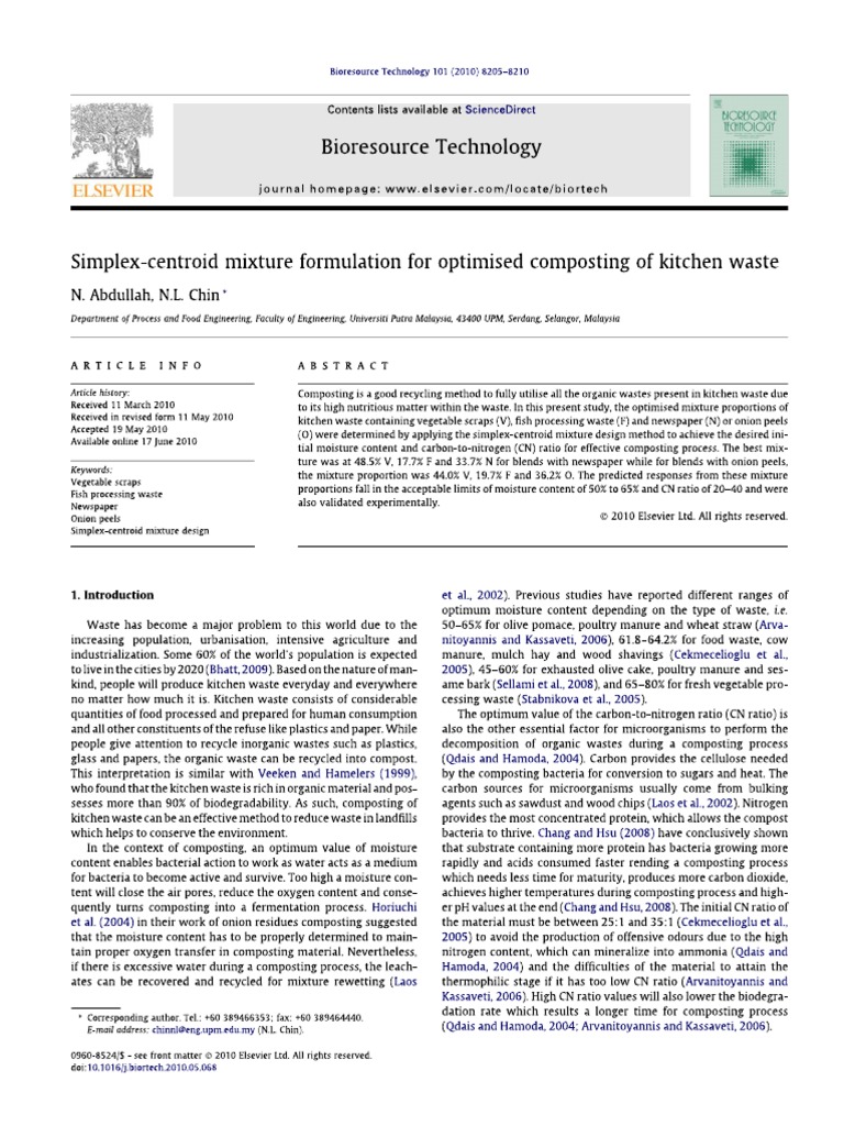 Simplex-Centroid Mixture Formulation For Optimised Composting of Kitchen Waste | PDF