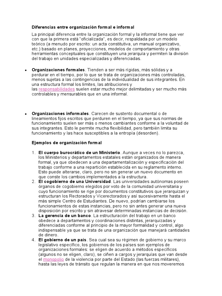Diferencias Entre Organización Formal E Informal Pdf Ciencias Políticas