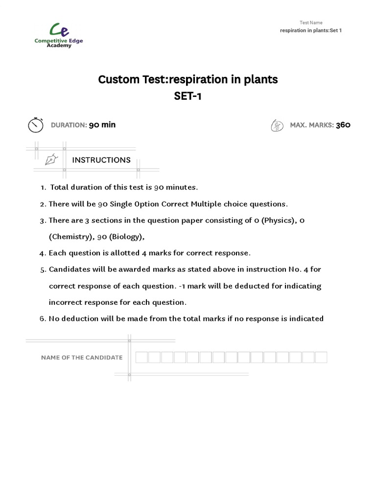 Plant Respiration Test: 90 MCQs | PDF | Cellular Respiration ...