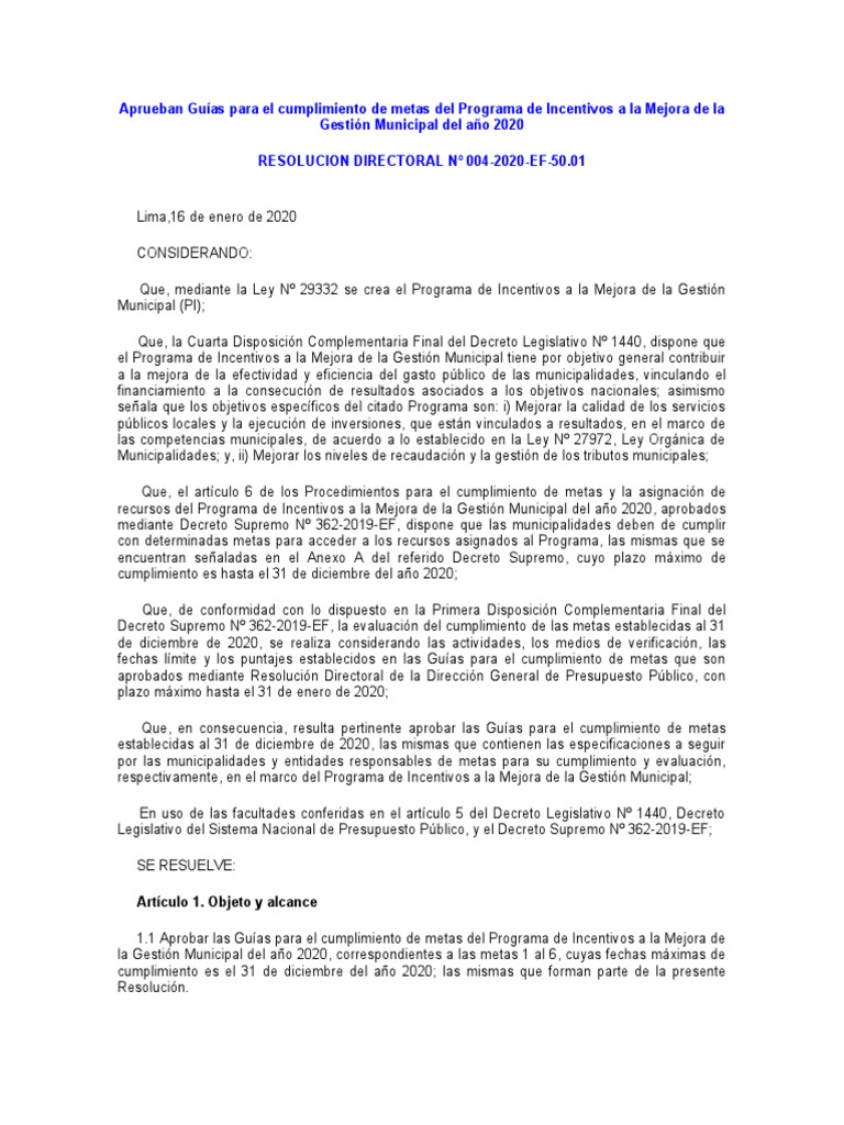 Aprueban Guías para el cumplimiento de metas del Programa de Incentivos ...