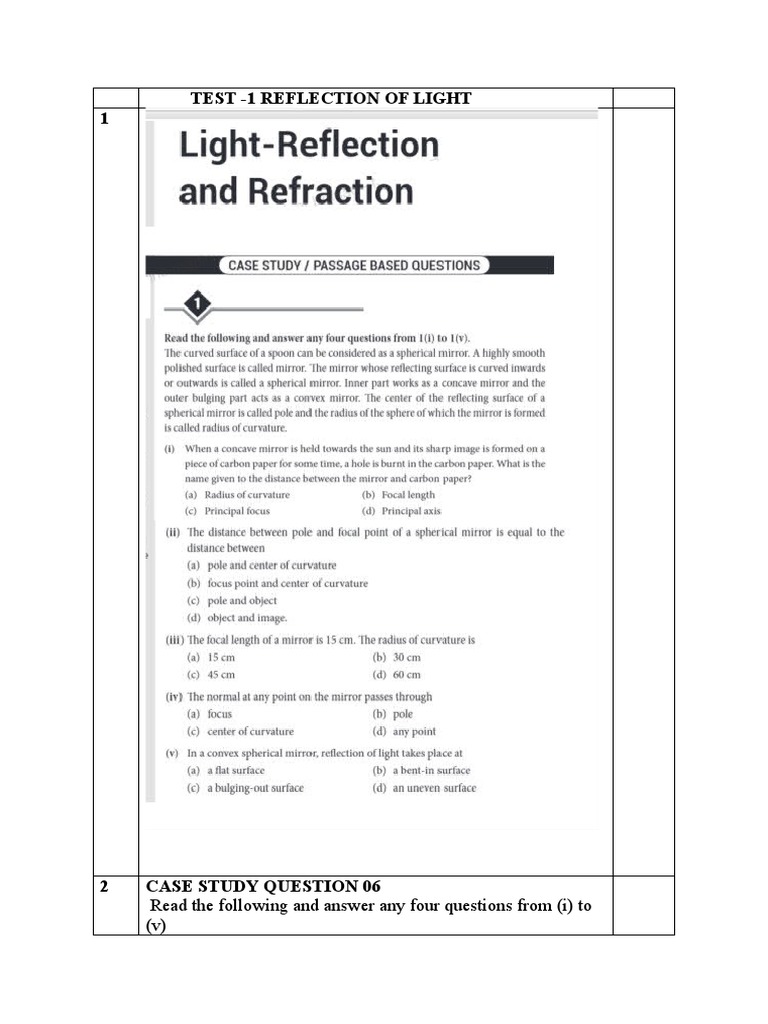 Test - 1 Mirrors Case Study | PDF | Refractive Index | Refraction