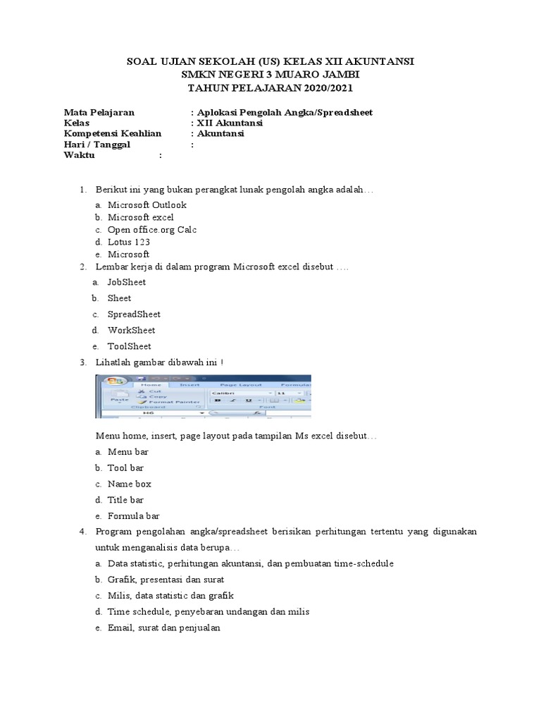 SOAL US Spreadsheet (C2.2) Kelas XII AK TP 2020-2021. Oke | PDF | Seni ...