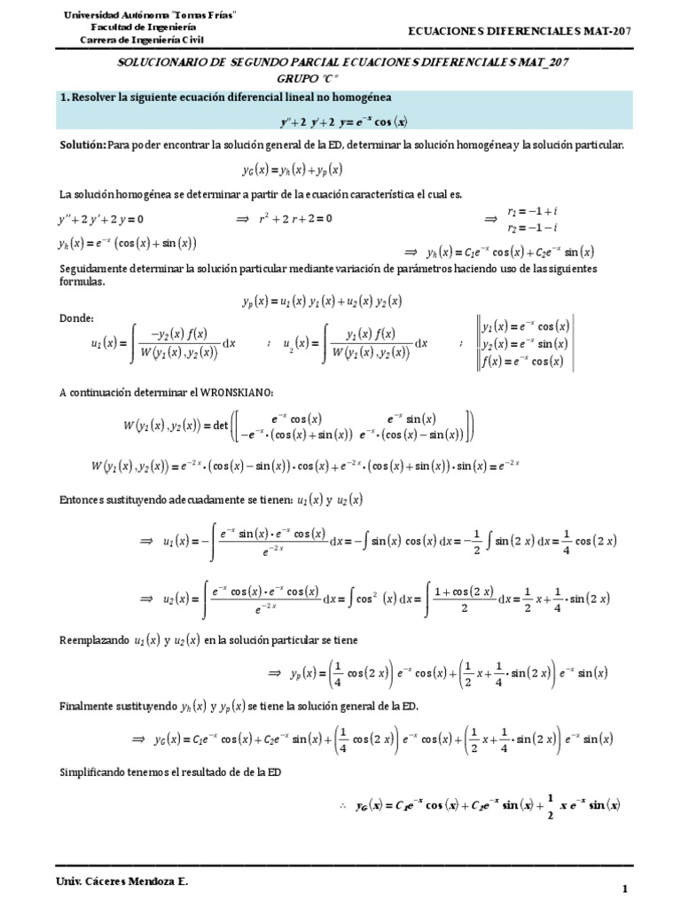 Solucionario de Segundo Parcial Ecuaciones Diferenciales Mat - 207 Grupo "C" | PDF | Álgebra ...