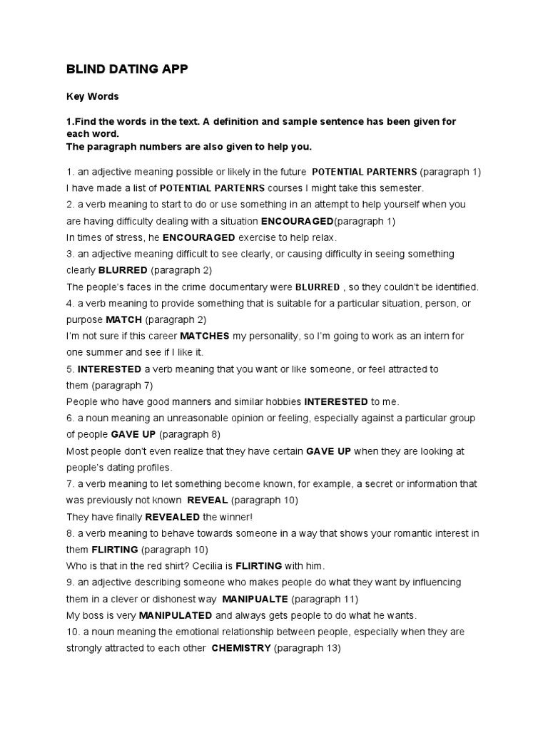 Blind Dating App Key Terms Guide | PDF | Adjective | Verb