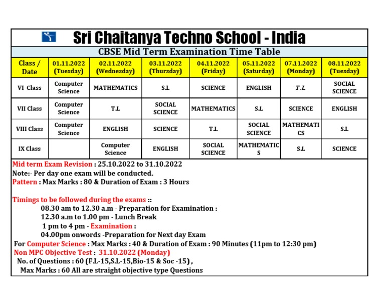 AP & TS CBSE Mid Term Exam Final Time Table | PDF
