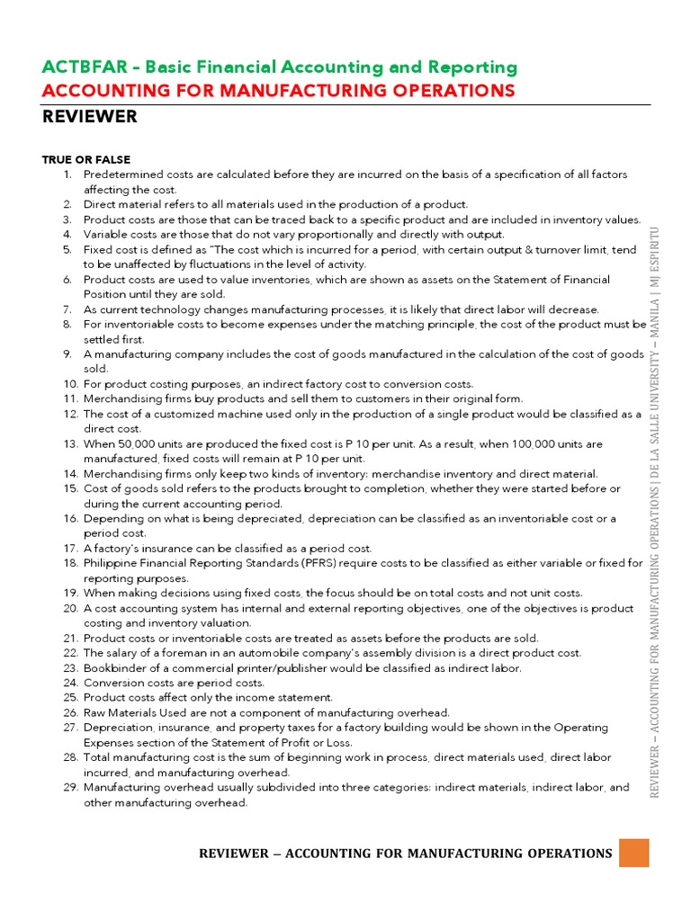 Reviewer: Accounting For Manufacturing Operations | PDF | Cost Of Goods ...
