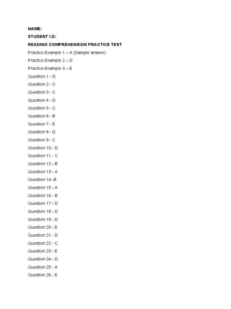Reading Practice Test Answer Sheet | PDF | Language Arts & Discipline ...