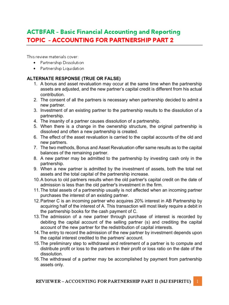 Reviewer: Accounting For Partnership Part 2 | PDF | Debits And Credits | Partnership