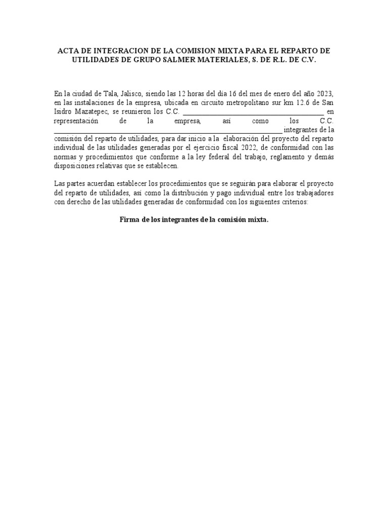 Formato Integracion de La Comision Mixta de Ptu | PDF | Salario