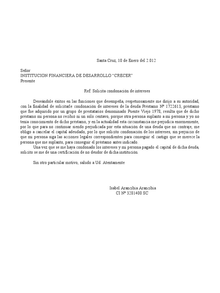 (CARTA) SOLICITA CONDONACION DE INTERESES, PLAN DE PAGOS | PDF | Alivio ...