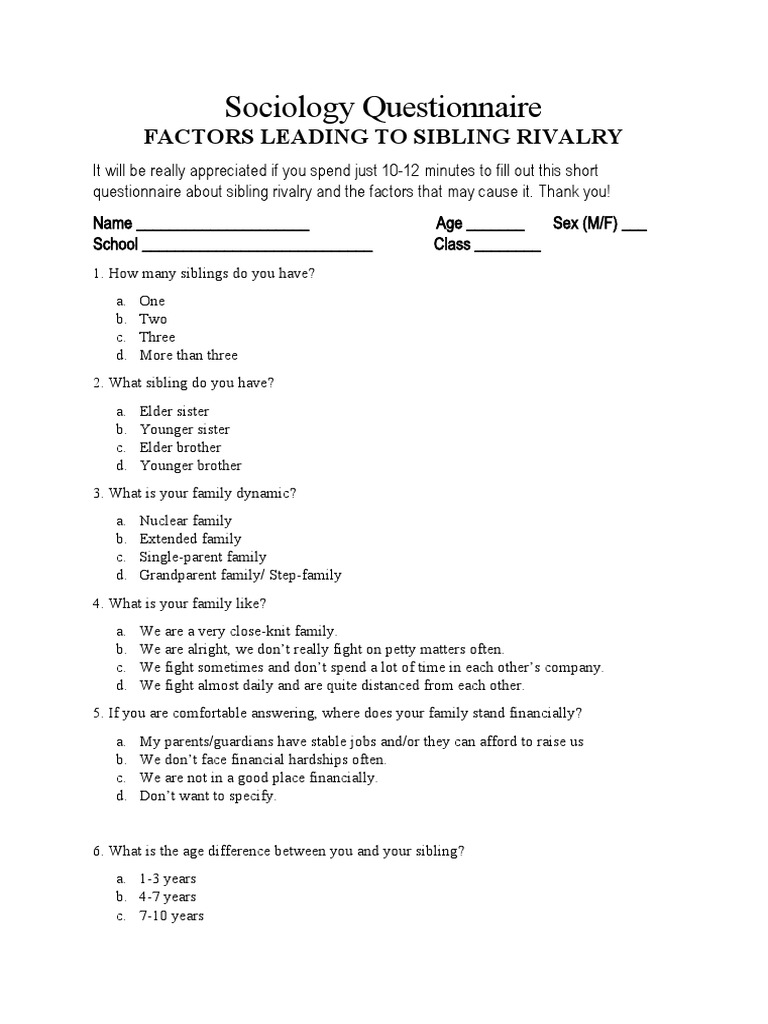 Sociology Questionnaire | PDF | Sibling | Family