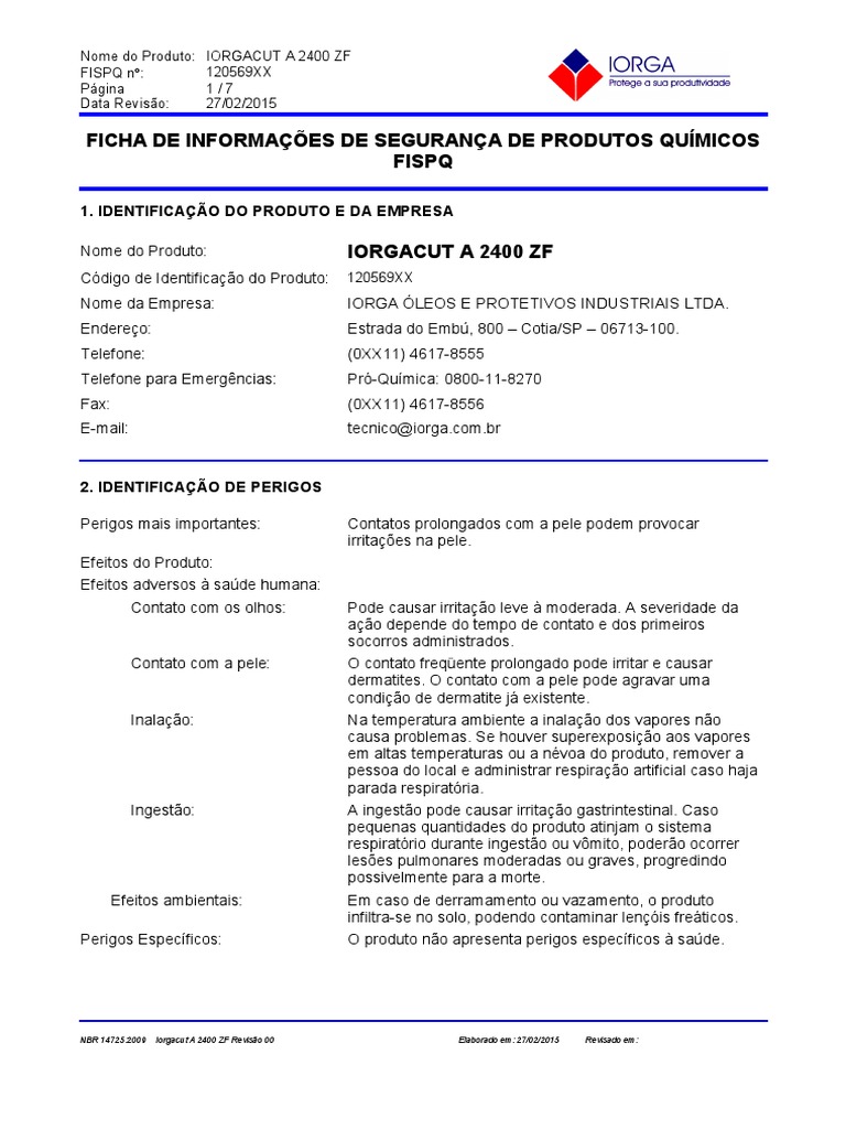 FISPQ Iorgacut A 2400 ZF | PDF | Embalagem e rotulagem | Primeiros socorros