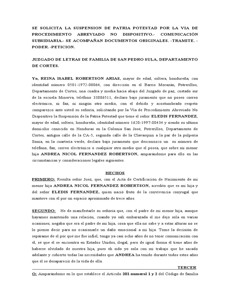 Solicitud Suspension Patria Potestad de Isabel Robertson | PDF ...