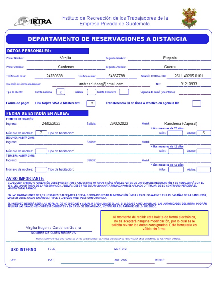 Copia de FORMULARIO RESERVAS A DISTANCIA ALDEA DE LA SELVA RD | PDF ...