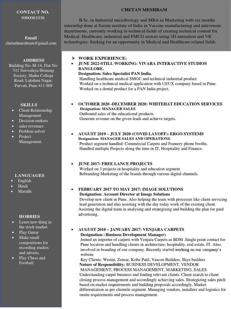 PDF Chetan CV 22 | PDF | Sales | Marketing