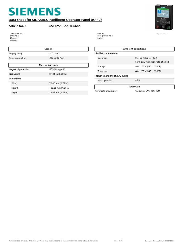 SINAMICS IOP-2 Data Sheet 6SL3255-0AA00 | PDF | Display Technology