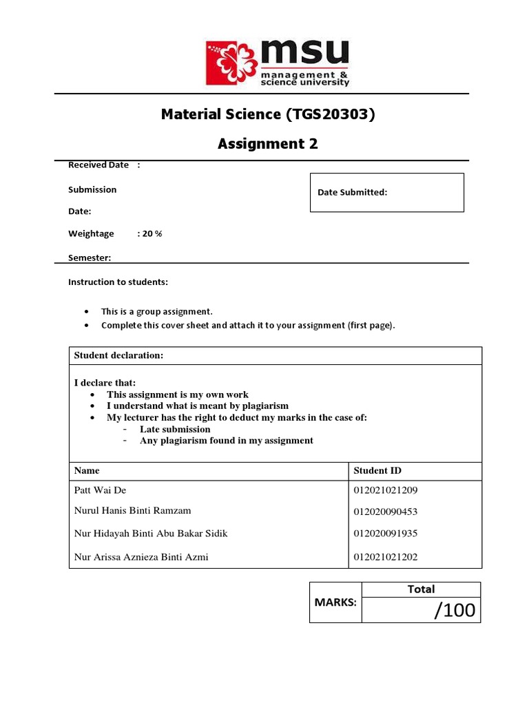 TG20303 Material Science - Assignment 2 - Group 12 PDF | PDF