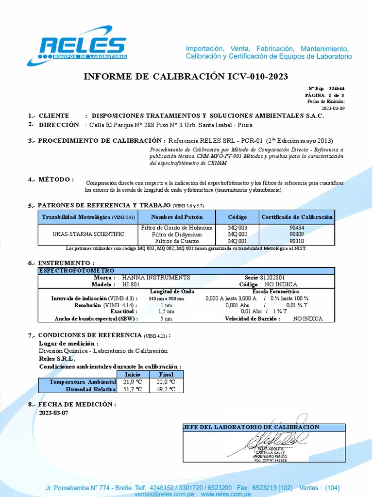 Informe Calibracion Espectofoctometro | PDF | Calibración | Metrología