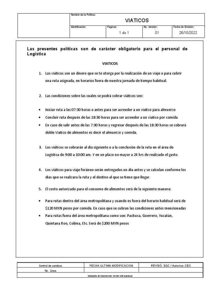 Politica de Viaticos | PDF