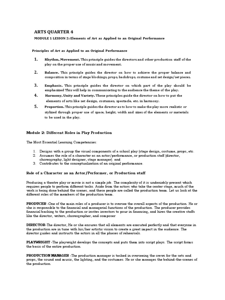 Arts Module 2 G10 | PDF | Composition (Visual Arts) | Actor