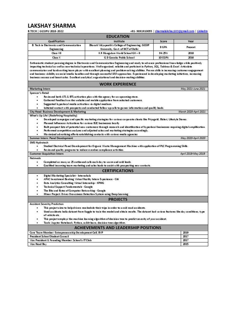 Lakshay Sharma Resume June 2021 | PDF | Marketing | Internship