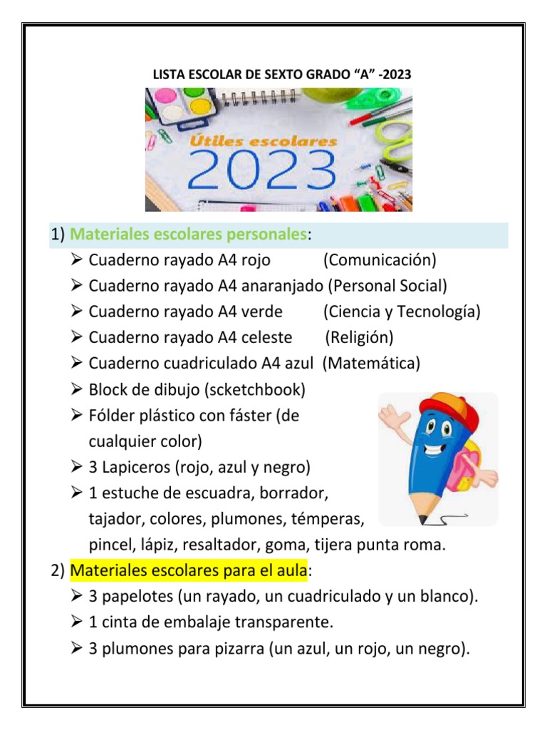 Lista de Útiles (Sexto Grado A) | PDF