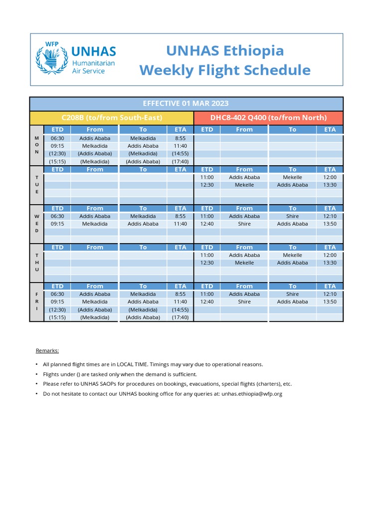 UNHAS Ethiopia Weekly Flight Schedule | PDF