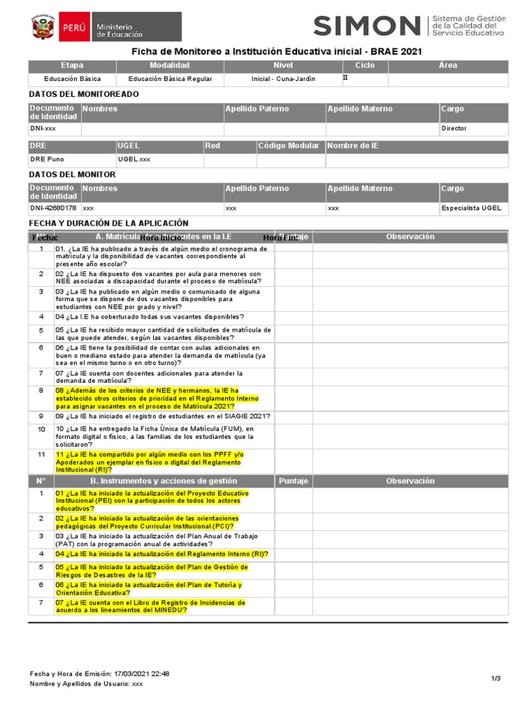 Ficha de Monitoreo 2021 - Minedu | PDF