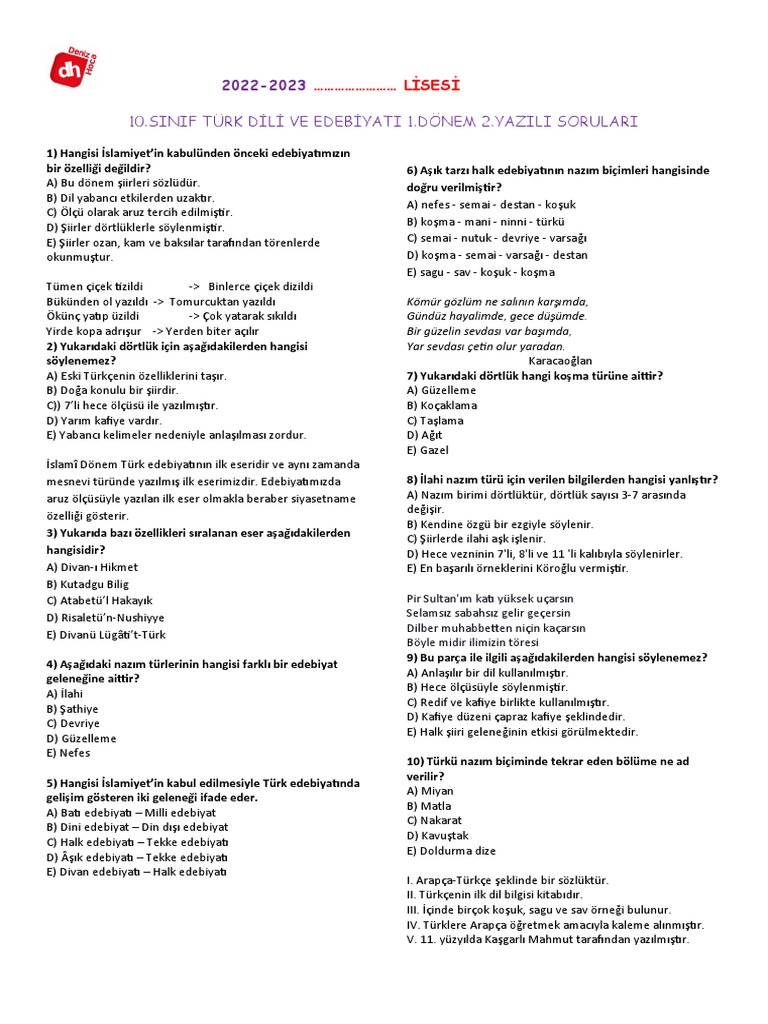 10.sinif TDE 1.donem 2.yazili Sorulari Ve Cevaplari 2022 | PDF
