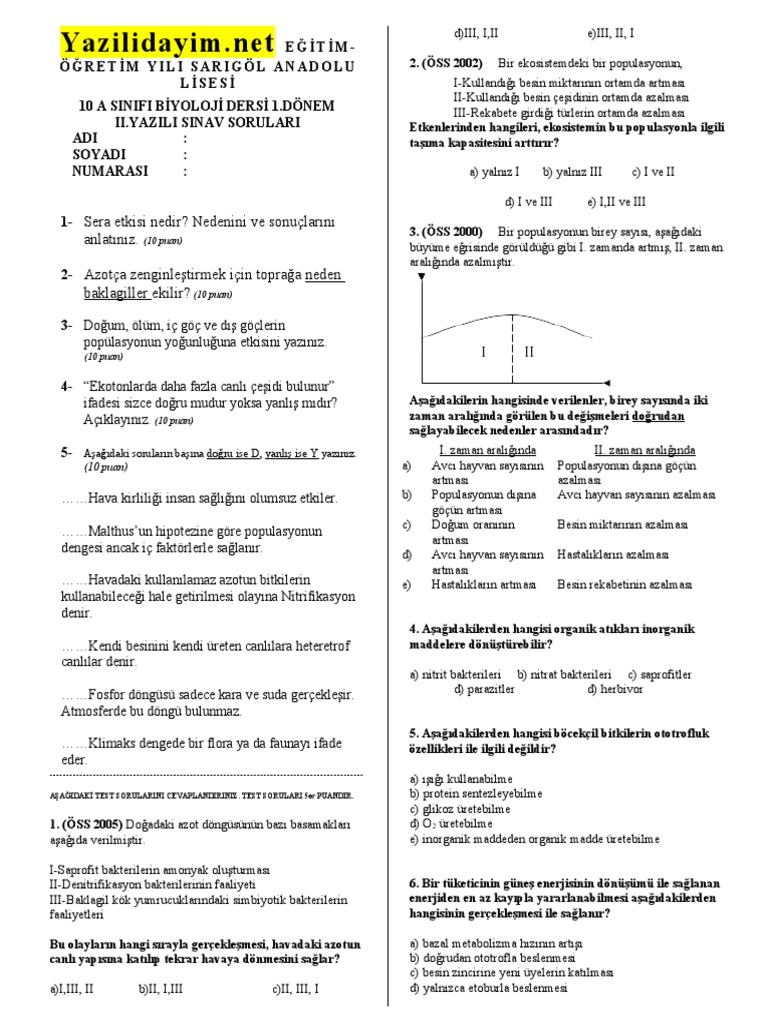 10.sinif Biyoloji 1.donem 2.yazili Sorulari 2 | PDF