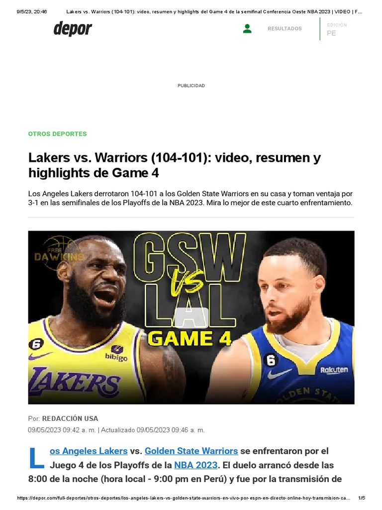 Lakers vs. Warriors (104-101) - Video, Resumen y Highlights Del Game 4 de La Semifinal ...