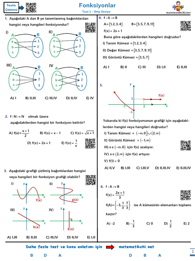 Fonksiyonlar Test 1 O | PDF