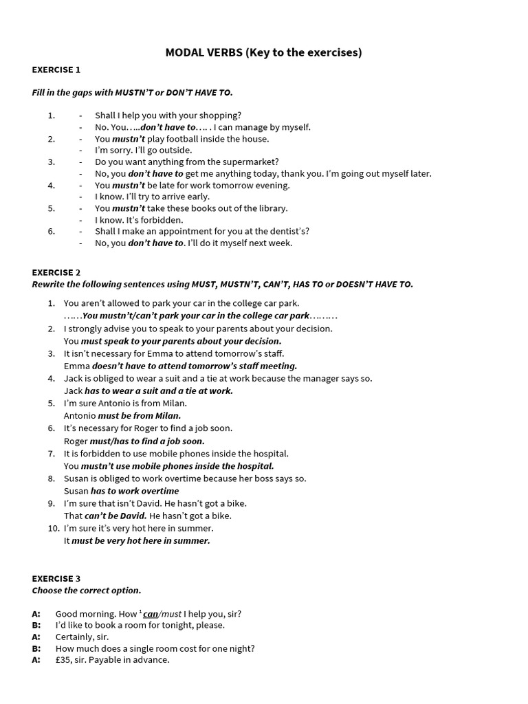 Modal Verbs - Notes KEY | PDF