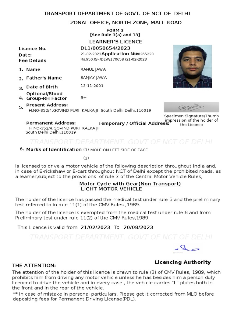 Delhi Learner's Licence Form 3 | PDF | Driver's License | Motor Vehicle