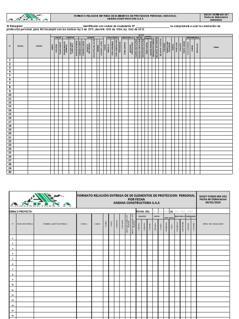 SG-SST-FORM-003-004 ENTREGA DE EPP INDIVIDUAL Y POR FECHA.xlsx | PDF