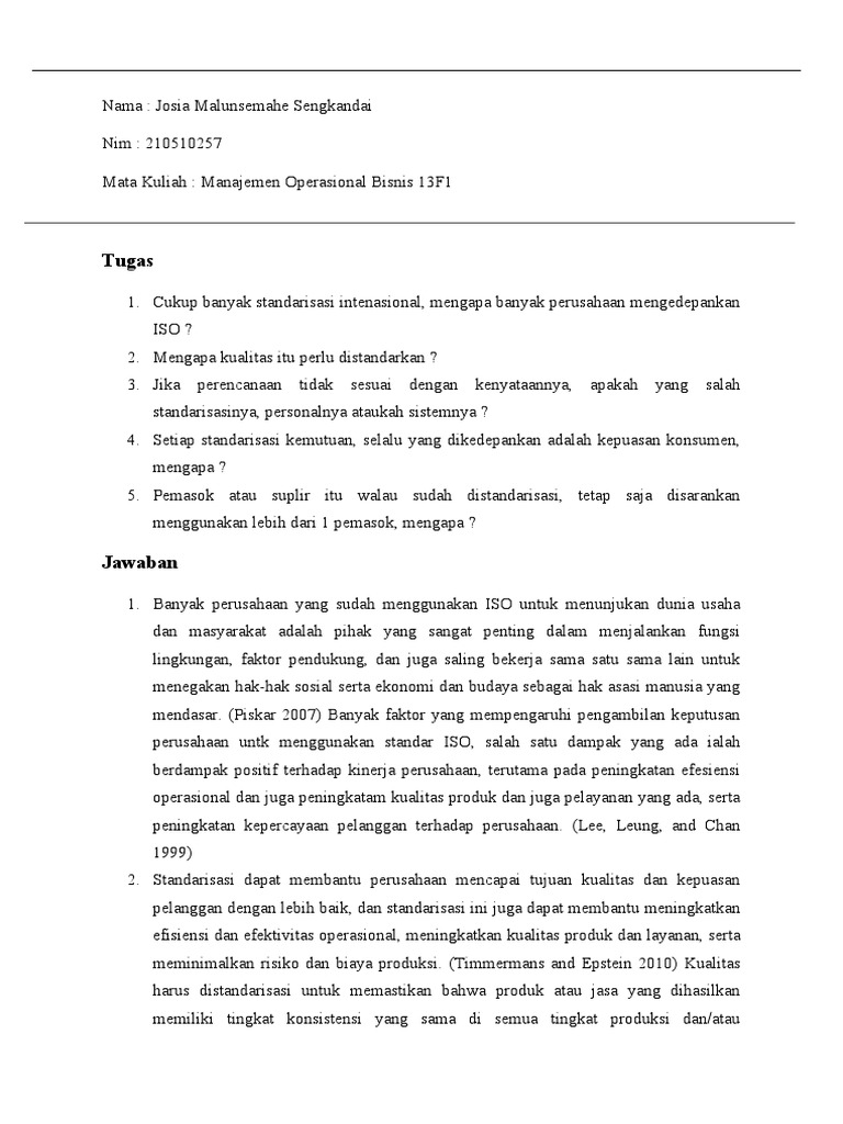 Tugas 3 Manajemen Operasional Bisnis - 13F1 - Josia Malunsemahe Sengkandai - 210510257 | PDF