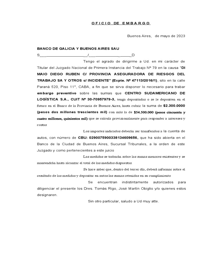 Oficio de Embargo | PDF