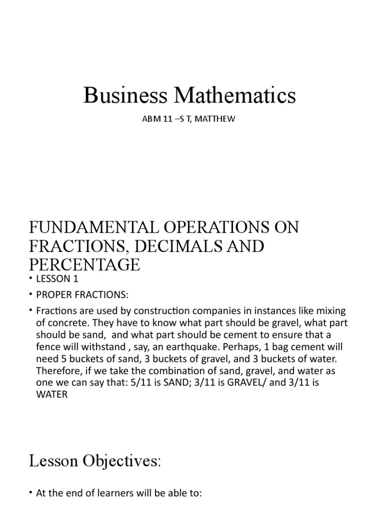 Business Mathematics - Chapter 1 - All Lessons | PDF | Subtraction | Percentage