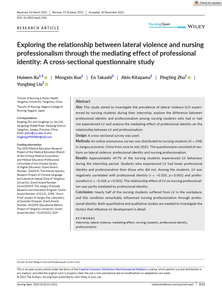 Nursing Open - 2022 - Xu - Exploring The Relationship Between Lateral Violence and Nursing ...