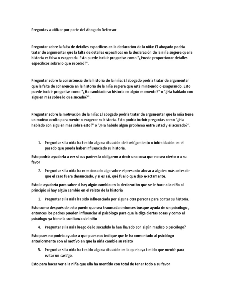 Preguntas A Utilizar Por Parte Del Abogado Defensor 1 | PDF | Ley ...