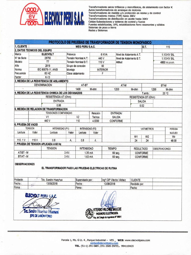 Protocolo Pruebas Transformador | PDF
