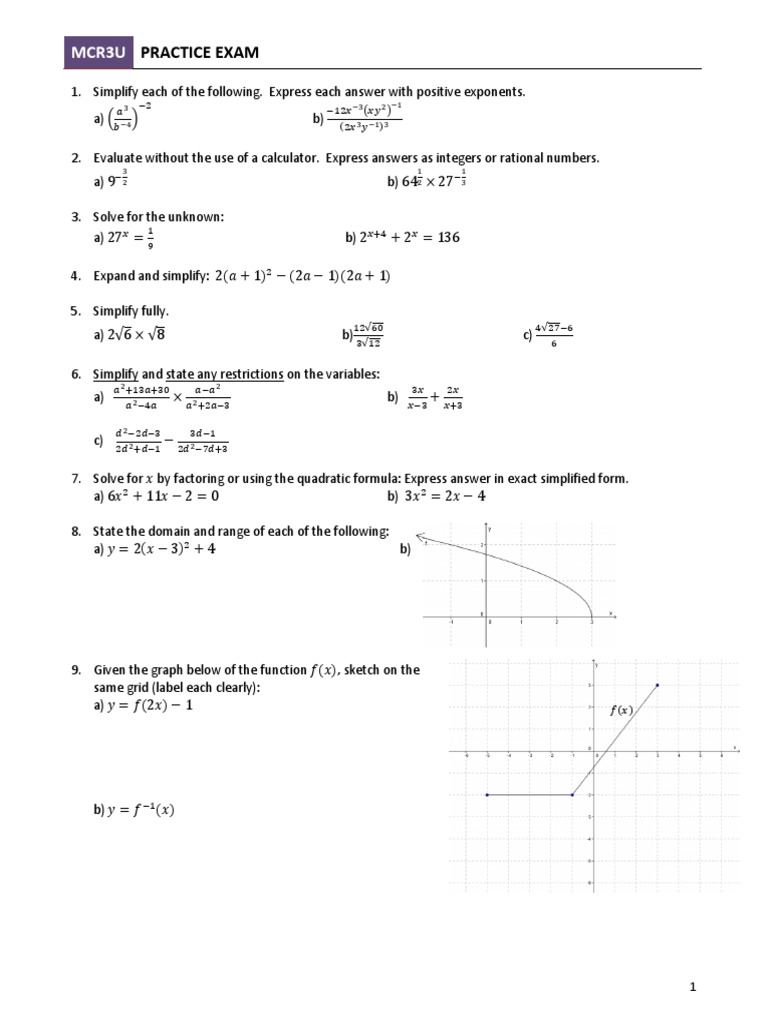 MCR3U Practice Exam | Download Free PDF | Function (Mathematics) | Quadratic Equation