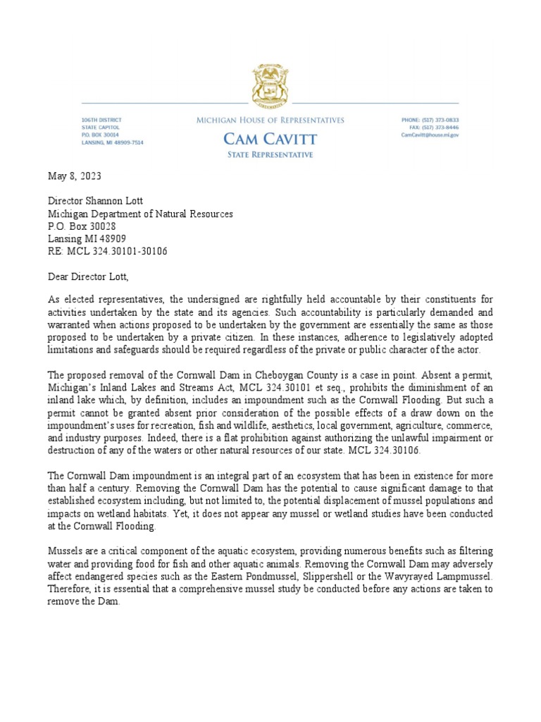 Cornwall Flooding DNR Letter | PDF | Wetland | Dam