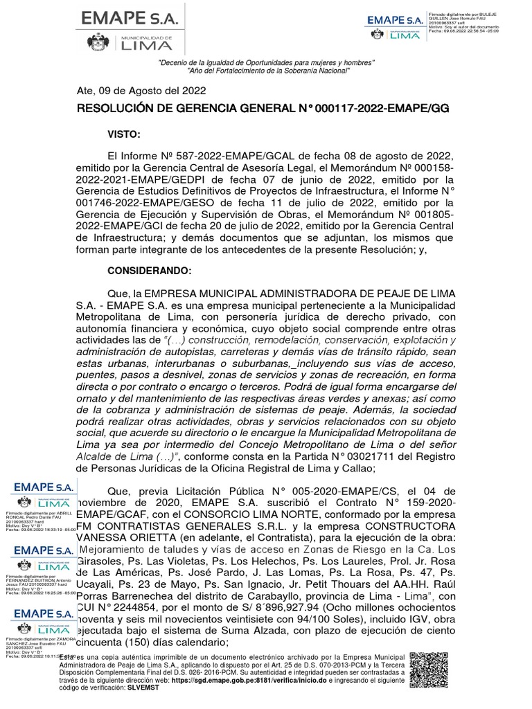 Aprobación de adecuación del monto de la Prestación Adicional de Obra N° 01 del contrato para la ...