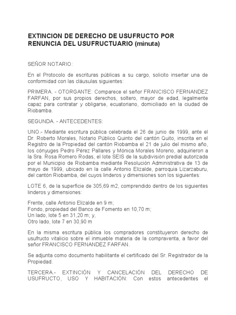 Extincion de Derecho de Usufructo Por Renuncia Del Usufructuario | PDF ...