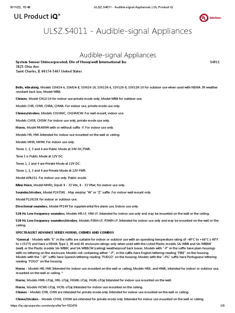 41-42-P2R-ULSZ.S4011 - Audible-Signal Appliances - UL Product Iq PDF | PDF | Manufactured Goods ...