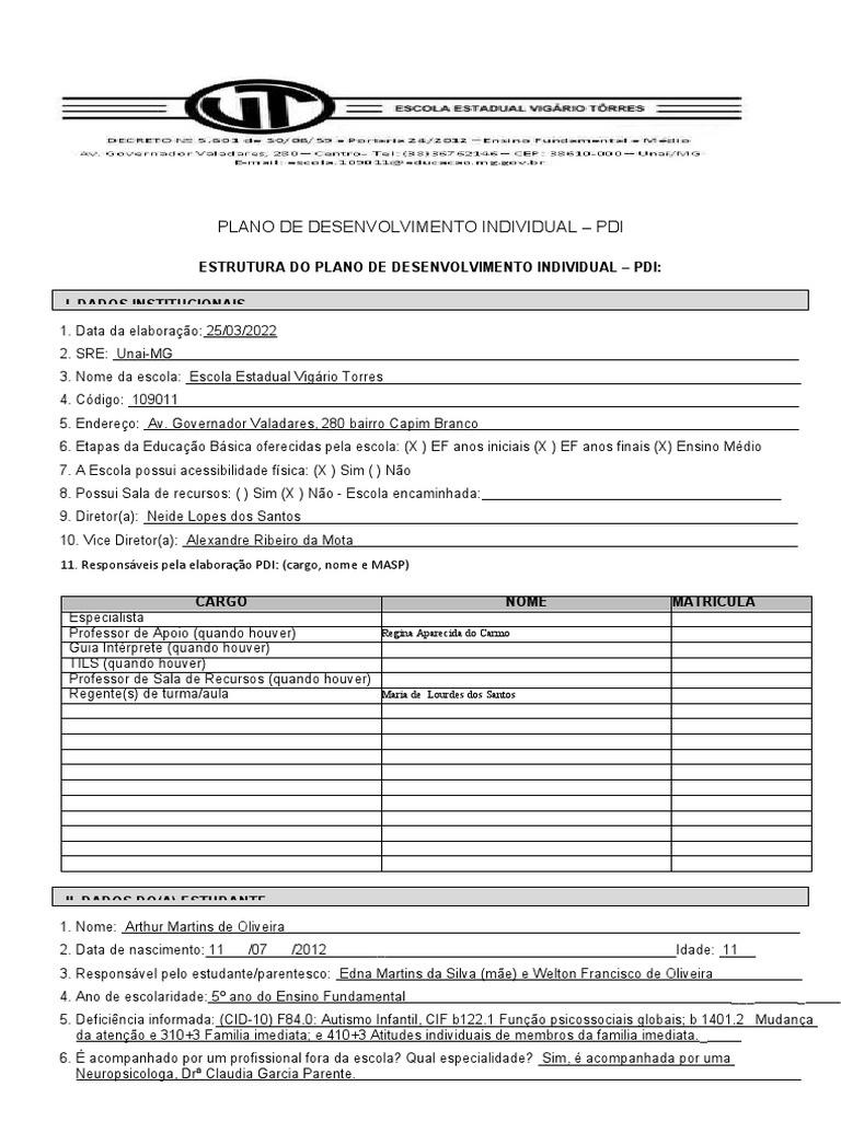 Modelo 5 Ano E.F. - Pdi - 2023 | PDF | Percepção | Informação