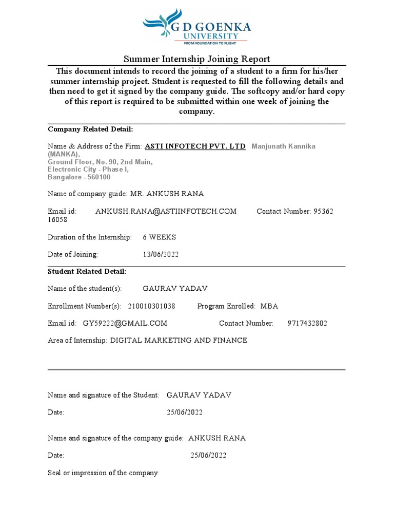Summer Internship Joining Report | PDF
